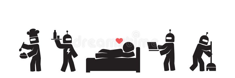 Man Relaxing while Robots Do Housework. Various Pose of Stick Figure ...