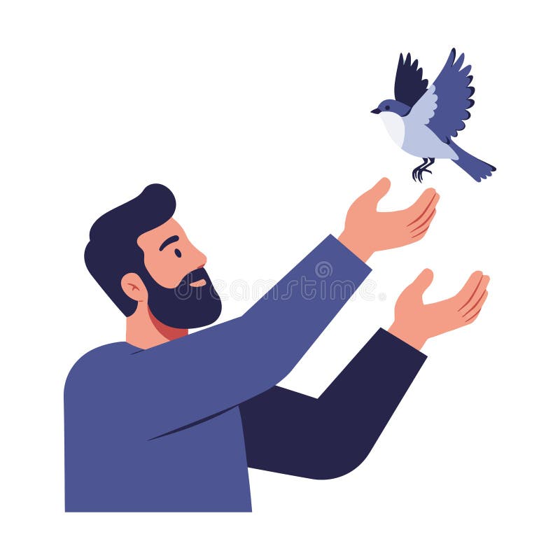 A Man Releasing a Bird into the Sky in a Flat Vector Illustration of ...