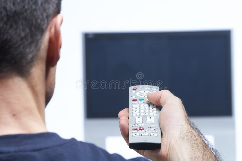 Man with Remote Control and Flat Tv Stock Photo - Image of pursuit ...