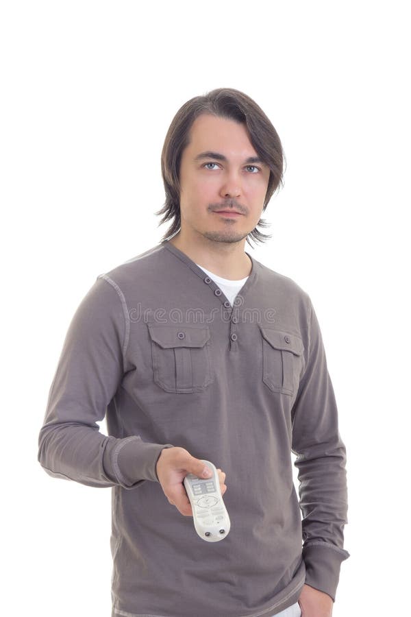 Man with Remote Control Isolated on White Stock Photo - Image of ...