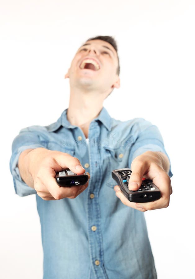 Man with a remote control stock image. Image of multimedia - 41468041
