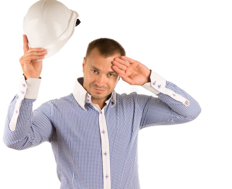 Man Removing Hard Hat To Wipe Forehead with Hand Stock Image - Image of ...