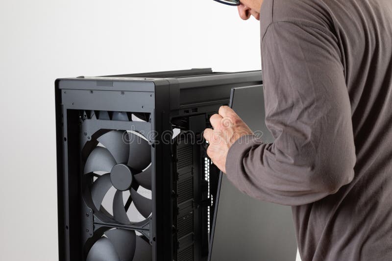 Man Removing Metal Right Panel from PC Case, Empty Big Tower, Chassis ...