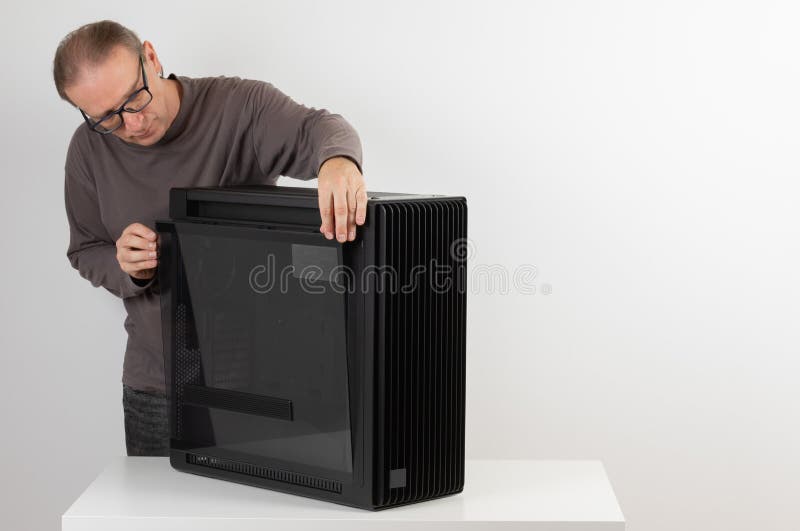 Man Removing Tempered-glass Left Panel from PC Case, Empty Big Tower ...