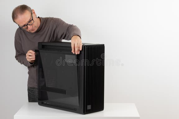 Man Removing Tempered-glass Left Panel from PC Case, Empty Big Tower ...