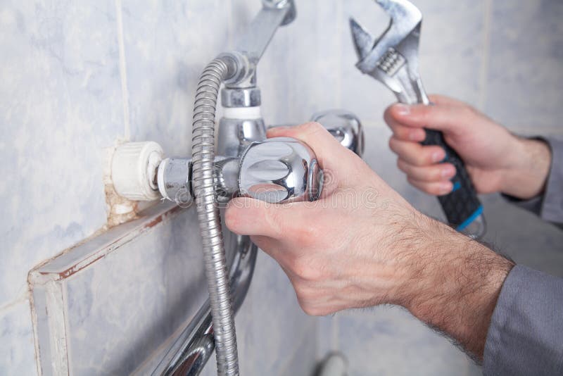 Man Repair and Fixing Shower Faucet in Bathroom Stock Photo - Image of ...