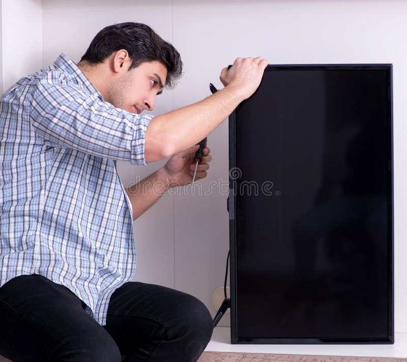 Man Repairing Broken Tv at Home Stock Image - Image of electrician ...