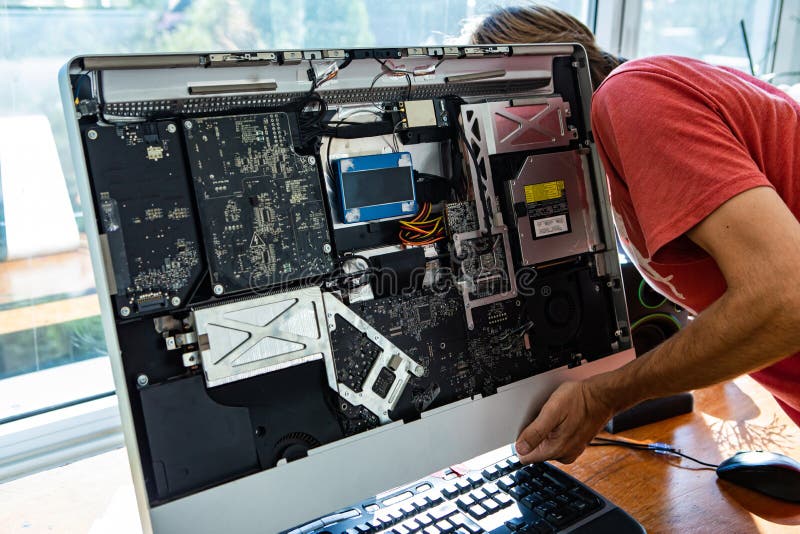 Man Repairing Computer Desktop on Desk Stock Image - Image of checking ...