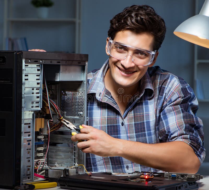 Man Repairing Computer Desktop with Pliers Stock Photo - Image of happy ...