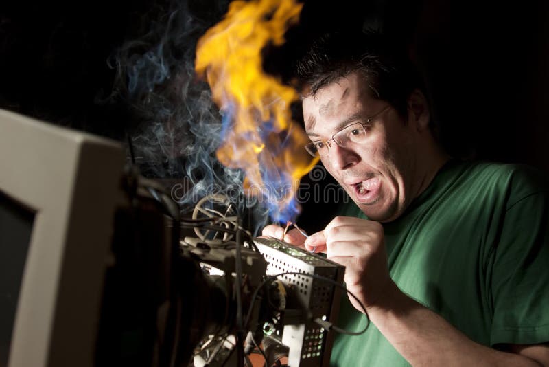 Man Repairing Computer on Fire Stock Image - Image of charge, hair ...