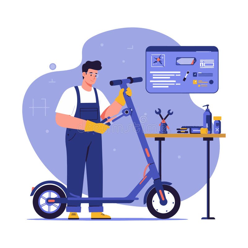 Man Repairing Electric Scooter with Tools on Workbench in Workshop ...