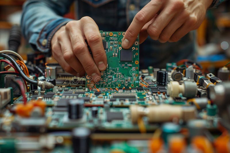 A Man is Repairing an Electronic Device with a Circuit Board Stock ...