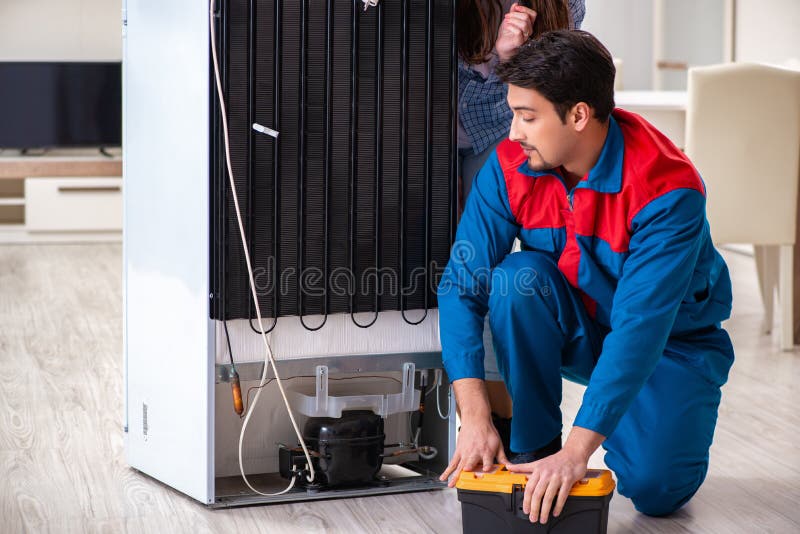 The Man Repairing Fridge with Customer Stock Image - Image of ...