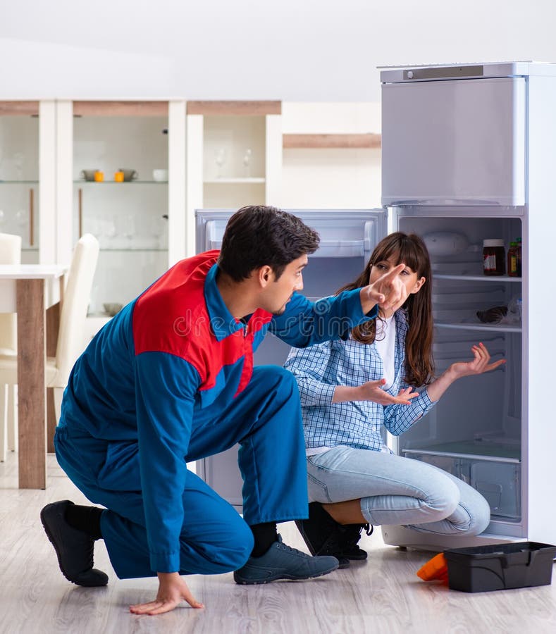 Man Repairing Fridge with Customer Stock Photo - Image of cooler, order ...