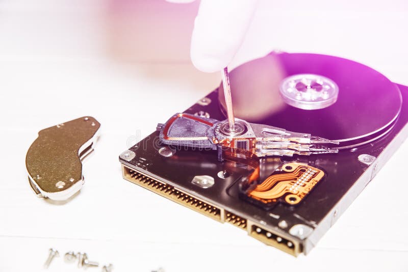 Man Repairing Hard Disk. Inside Details of the Old Personal Computer ...