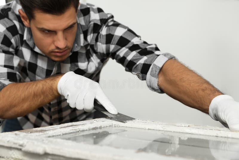 Man Repairing Old Damaged Window at Table Stock Photo - Image of putty ...