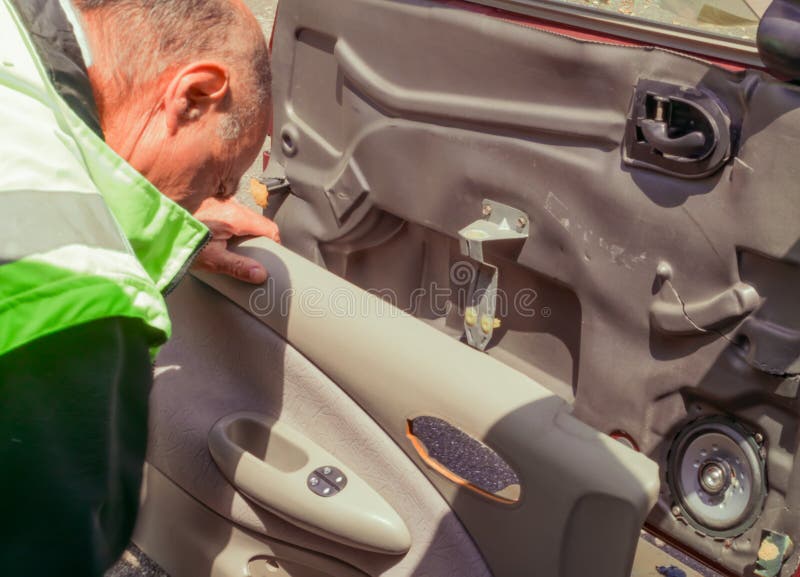 Man Repairs the Door of His Car. Stock Image - Image of reparation ...
