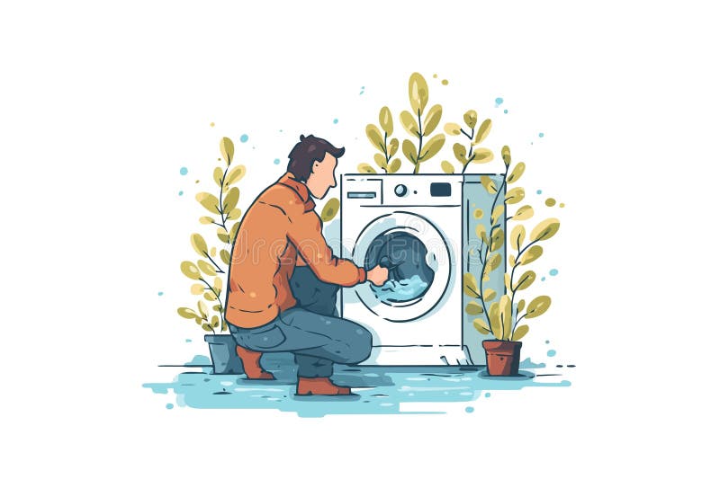 Man Repairs Washing Machine Caucasian Isolated Stock Vector ...