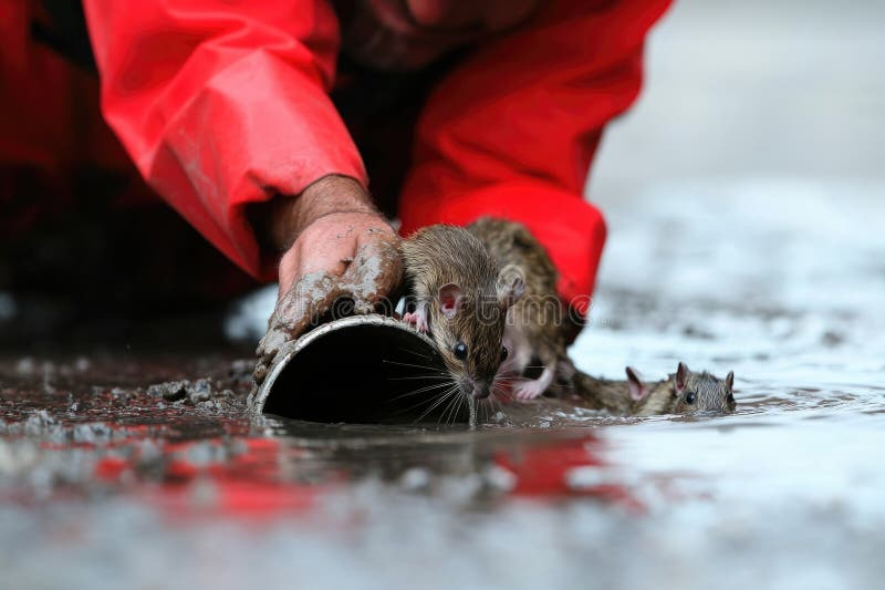 Man Rescues Rats from Flooding Waters Wearing Red Jacket Stock Photo ...