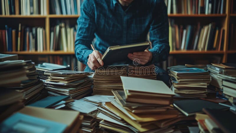 Man Researching Old Books and Documents in a Library with Stacks of ...
