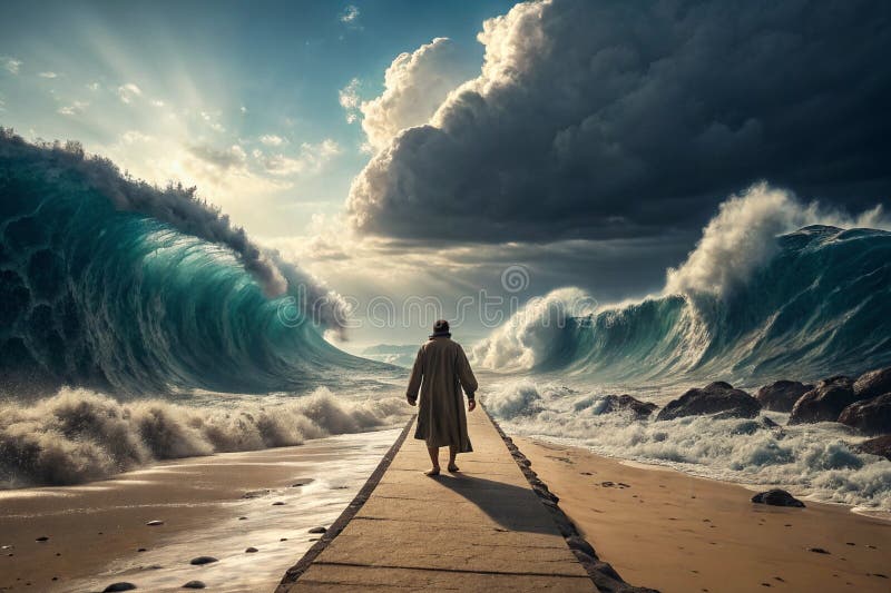 A Man Resembling Moses Walking on a Dry Path between Towering Ocean ...