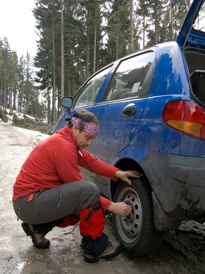 Man Resolving a Tyre Puncture Stock Photo - Image of carpathian, silvan ...