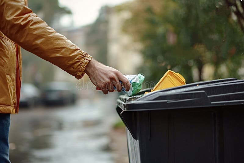 Man Throwing Garbage in Trash Bin on Street Stock Photo - Image of ...