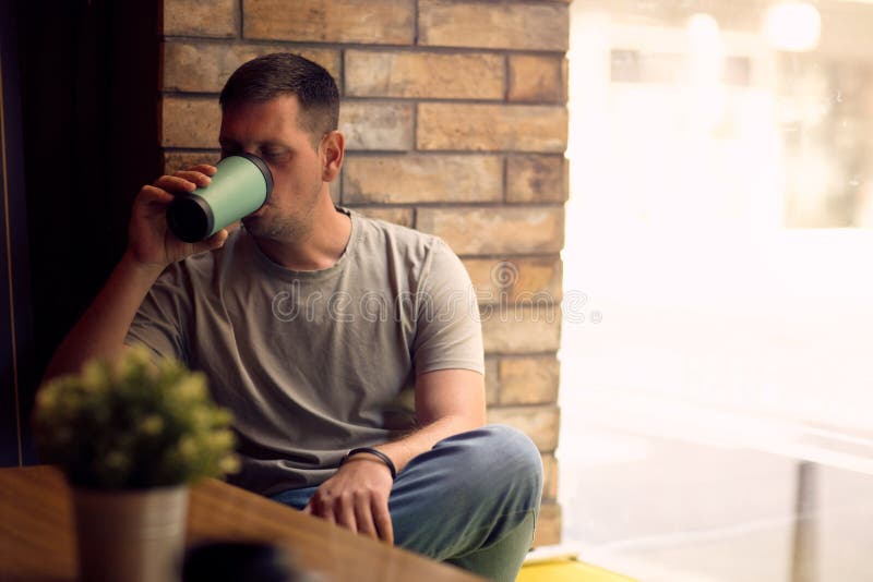Man in Restaurant.Man Drinking Coffee in Cafe Stock Image - Image of ...