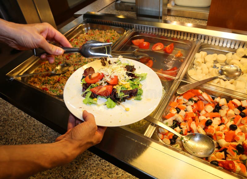 Self-service Canteen with Tray Full of Food and Russian Salad Stock ...