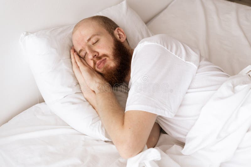 Man Resting Comfortable Bed Closed Eyes Bearded Guy Sleeping Early ...