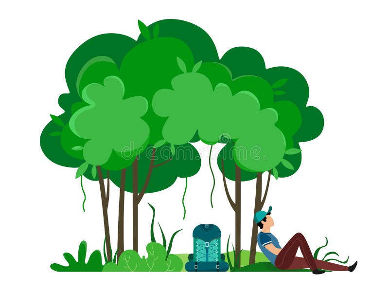The Male Traveler Sat Down To Rest Under the Trees. Vector Illustration ...