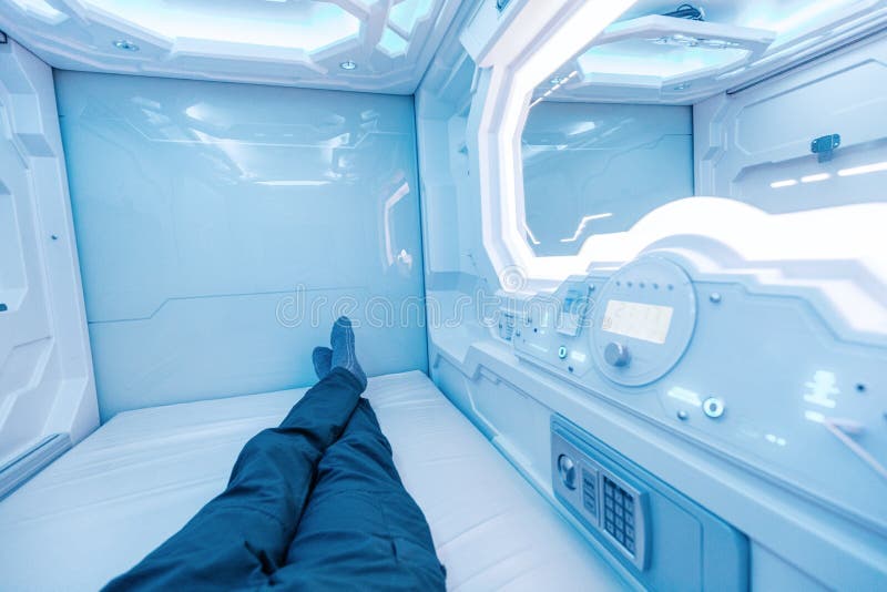 Man Rests and Sleeps in a Capsule Hotel View from the Inside. the ...