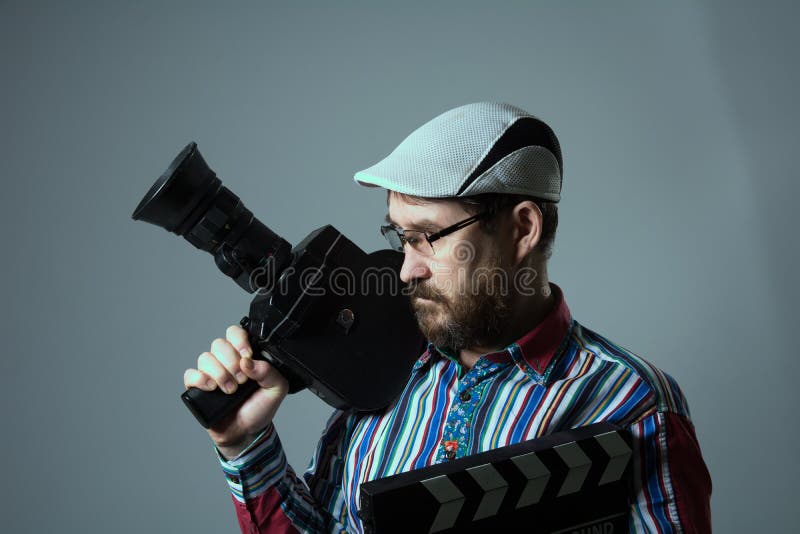 Man Retro Movie Camera and Clapper Stock Photo - Image of filmmaker ...