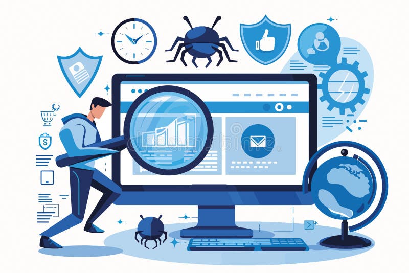 Man Reviewing Data with a Magnifying Glass. Cyber Security Illustration ...