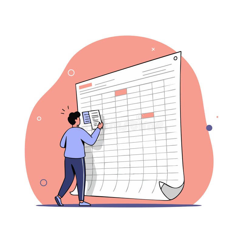 Man Reviewing Large Spreadsheet Data Analysis Illustration with Blue ...