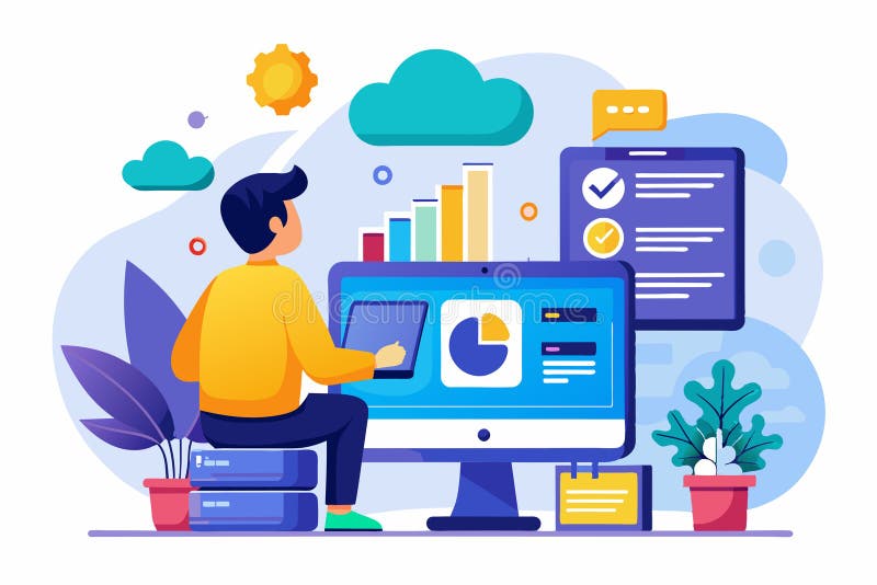 A Man Reviews Cloud Storage Data on His Computer while Surrounded by ...