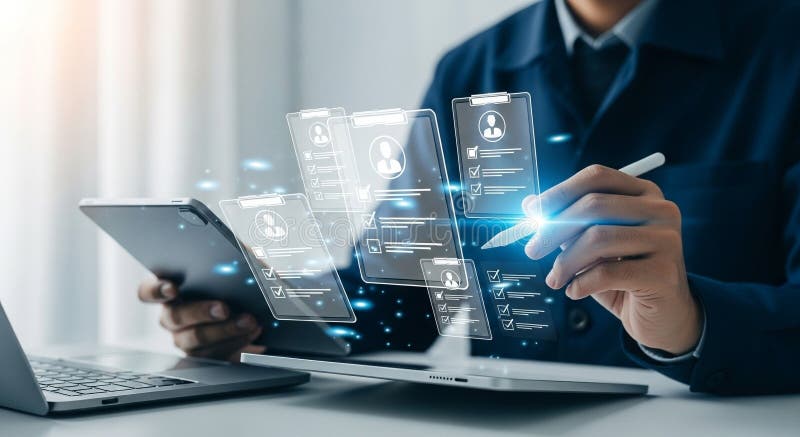 Man Reviewing Digital Profiles on Laptop and Tablet with Stylus in ...