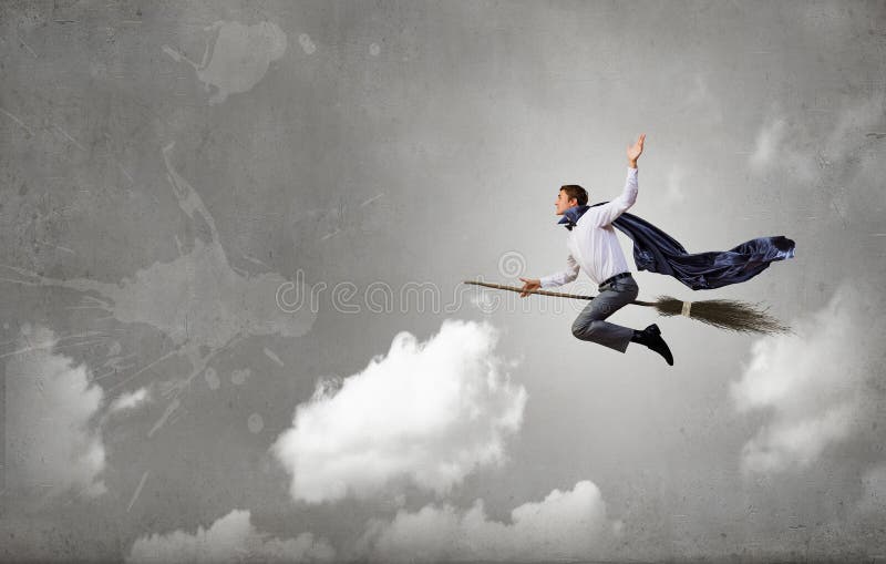 Man ride broom stock photo. Image of businessman, cape - 57164704