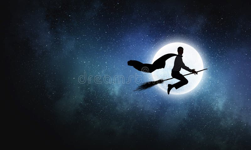 Man ride broom stock photo. Image of person, suit, hero - 57446892