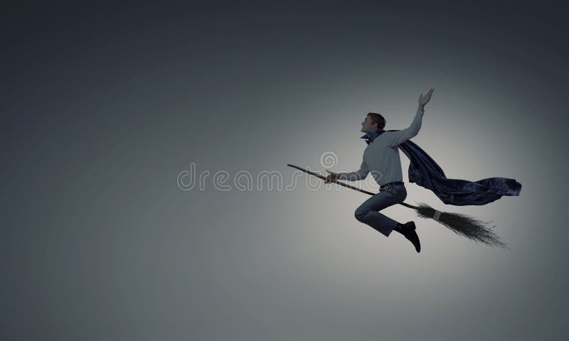 Man ride broom stock illustration. Illustration of company - 57321997