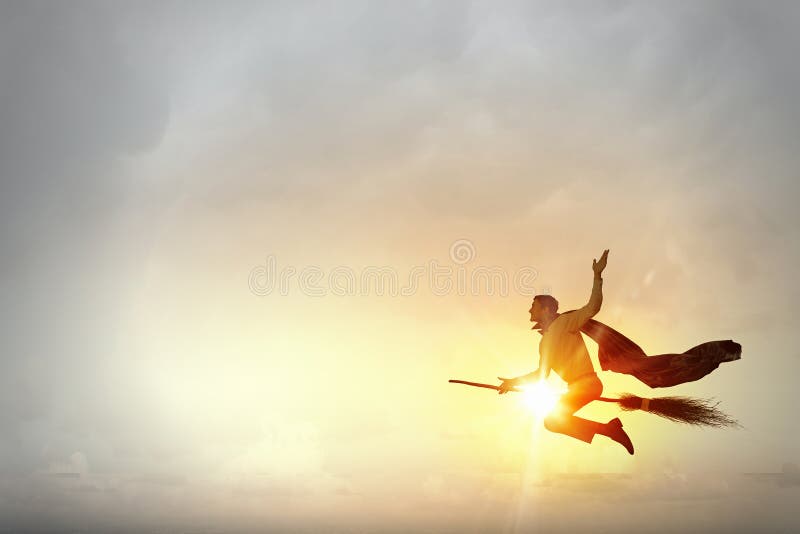 Man ride broom stock photo. Image of person, suit, hero - 57446892