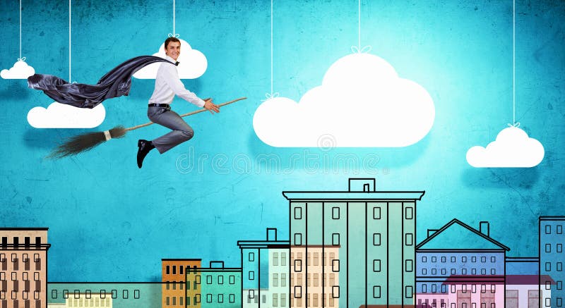 Man ride broom stock photo. Image of suit, business, human - 57135224