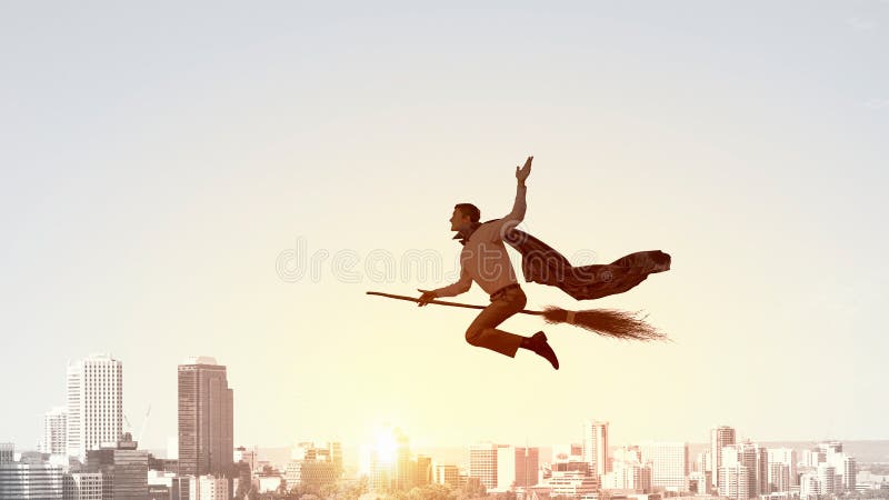 Man ride broom stock photo. Image of person, suit, hero - 57446892