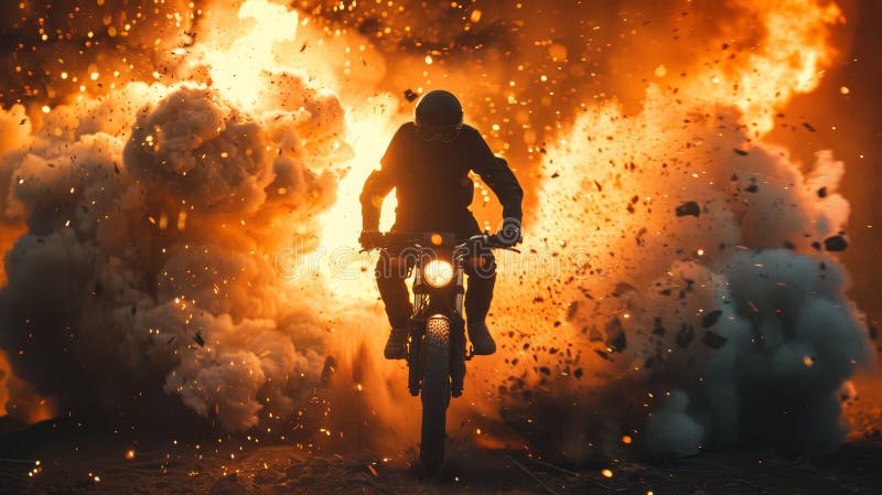Man Rides Away Exploding Bike Dramatic Action Movie Scene Stock Photos ...