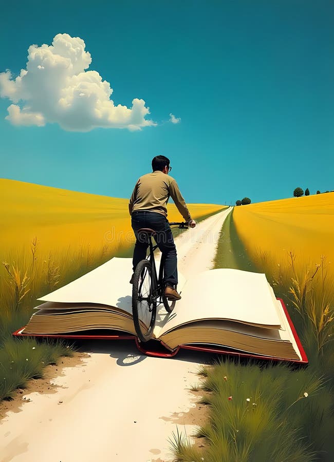 Man Rides a Bicycle Along the Pages of an Open Book, Exploring the ...