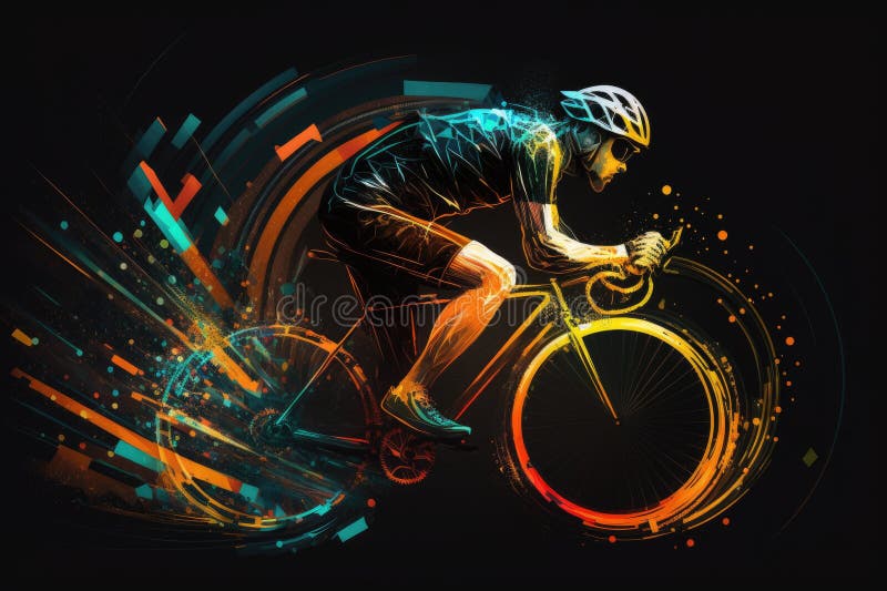 A Man Rides a Sport Bicycle Abstract on a Black Background. Ai ...