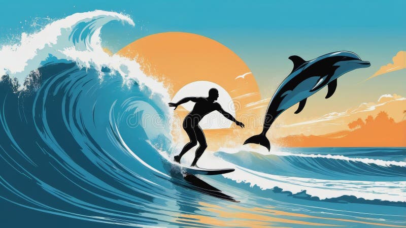 Man Rides the Waves at the Beach, One Dolphin Jumping in the Background ...