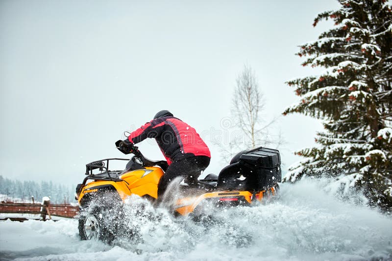 Winter Race on an ATV on Snow in the Forest. Stock Photo - Image of ...