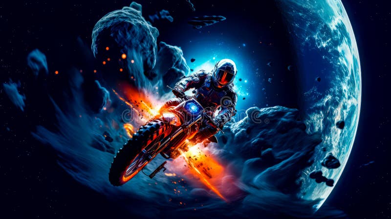 Man Riding on the Back of Motorcycle through Space Filled with Clouds ...
