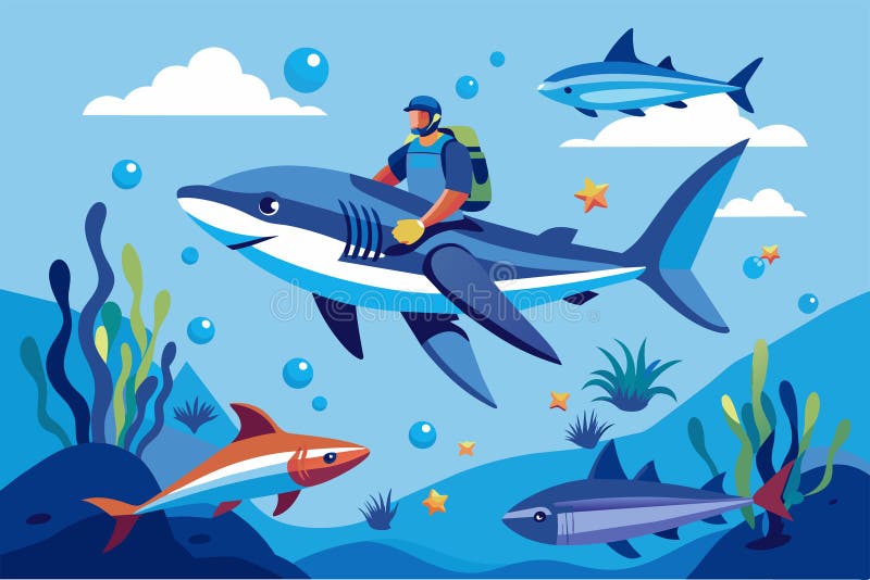 A Man Riding on the Back of a Shark in the Ocean, Diving with Sharks ...